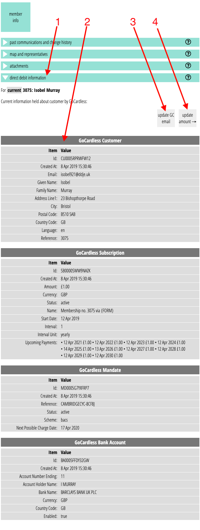 Further integration with GoCardless for direct debit management : Cameo: membership organiser